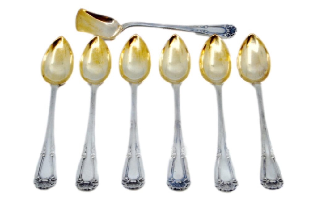 Silver Coffee Spoons and Sugar Shovel with Gilt Shells and Embossed ...