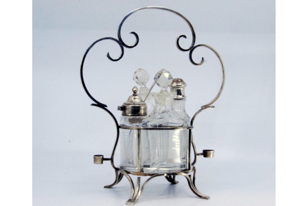 Cruet Set with Smooth Silver Structure with Cruets and Salt Shaker and ...
