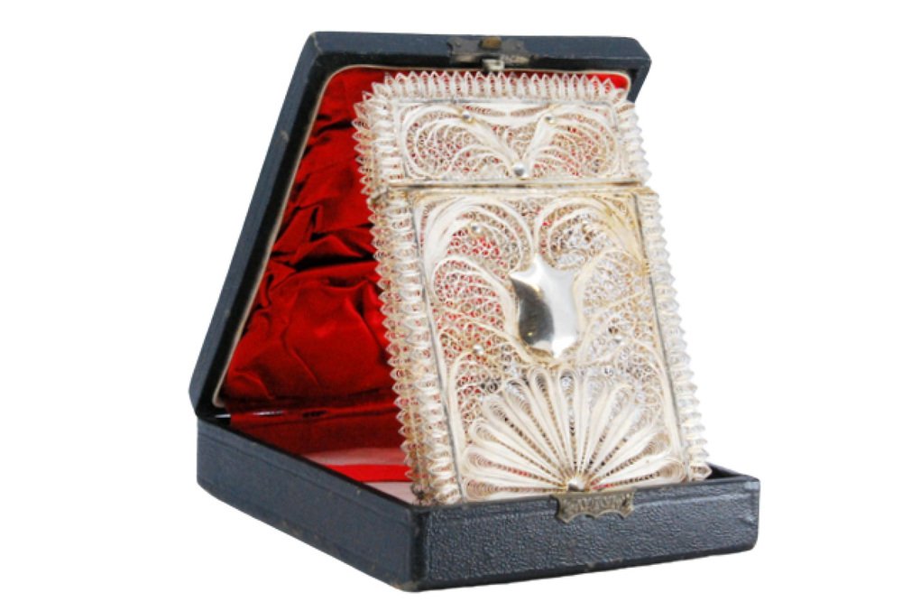 Filigree Silver Card Case with Central Monogram Card and Hinged Lid for ...