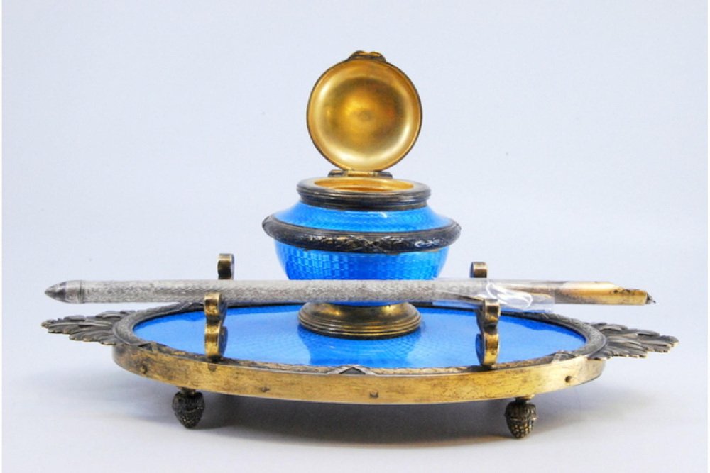Silver Inkwell with Reliefs and Applications in Blue Enamel for sale at ...