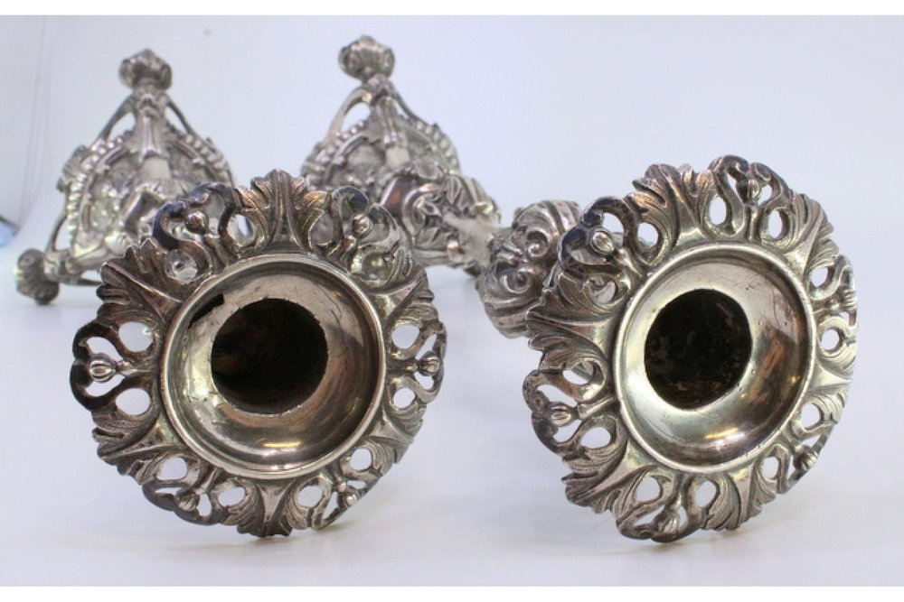 Tripod-Shaped Silver Candlesticks with Embossed Stems, Acanthus Leaves ...