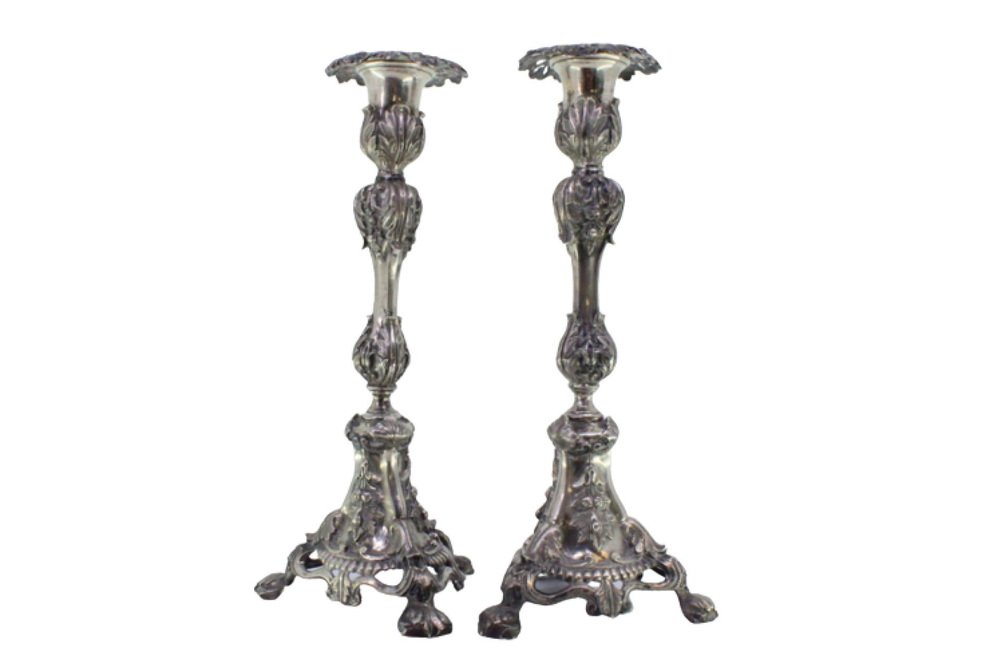 Tripod-Shaped Silver Candlesticks with Embossed Stems, Acanthus Leaves ...