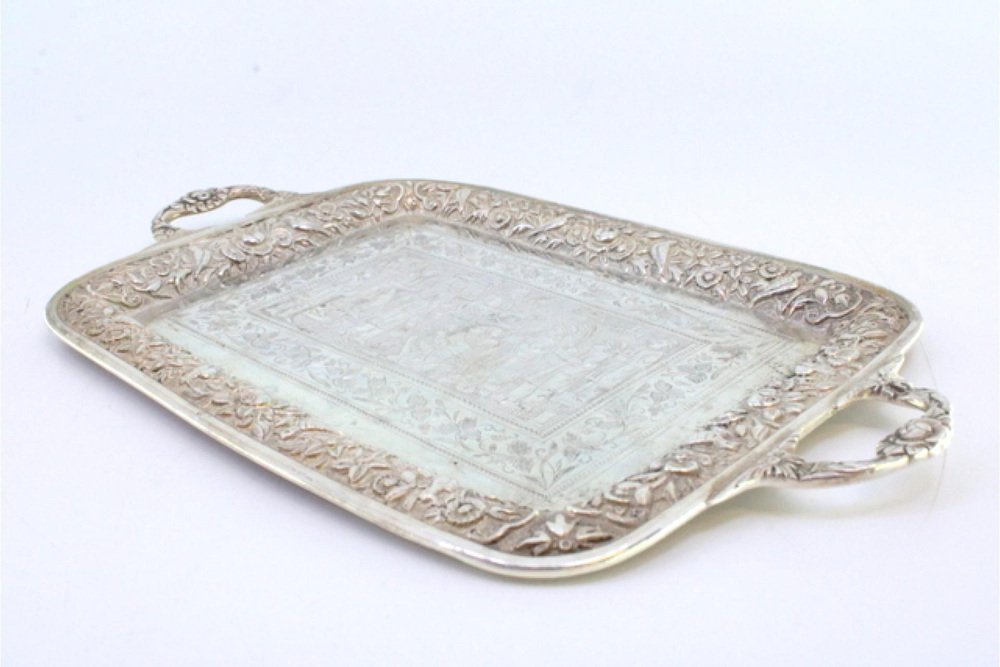Islamic Style Silver Tray with Floral Relief and Engraved Scene of ...