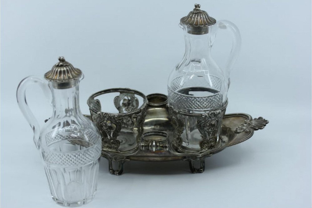 Silver and Cut Glass Cruets with Plant Motifs and Knob Lids, Set of 3 ...