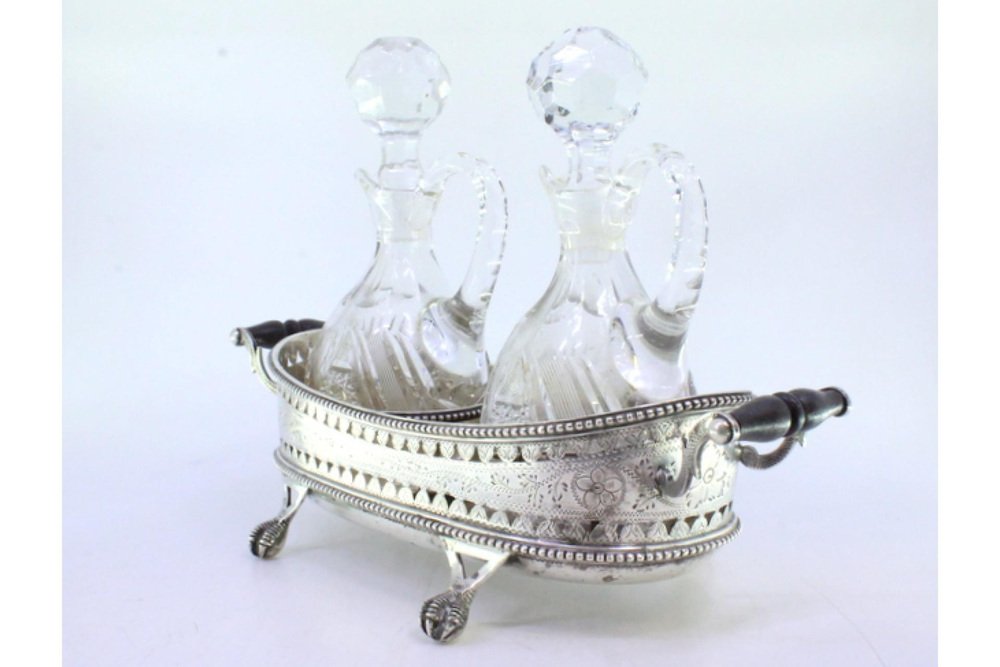 Cruet Set with Silver Structure and Cut Glass Cruets, Set of 3 for sale ...