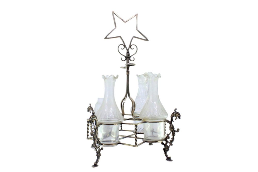 Embossed Silver and Glass Liqueur Bottles and Mustard Container, Set of ...