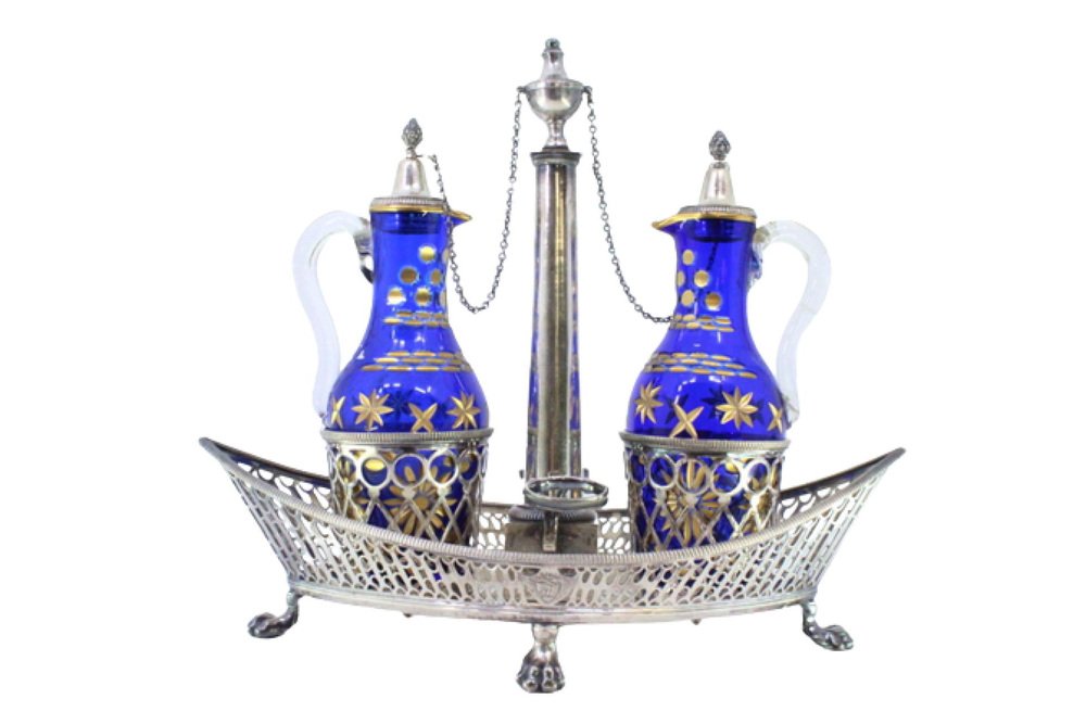 Silver and Blue Glass Cruet Set with Gold Details, Set of 3 for sale at ...