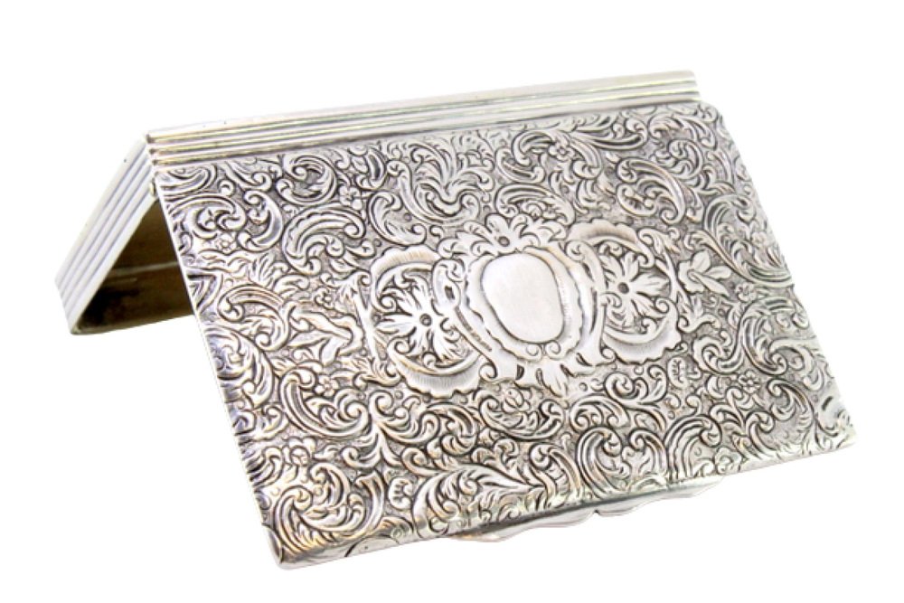 Silver Snuff Box with Floral Lid Engravings, Fluted Casing and Hinged ...