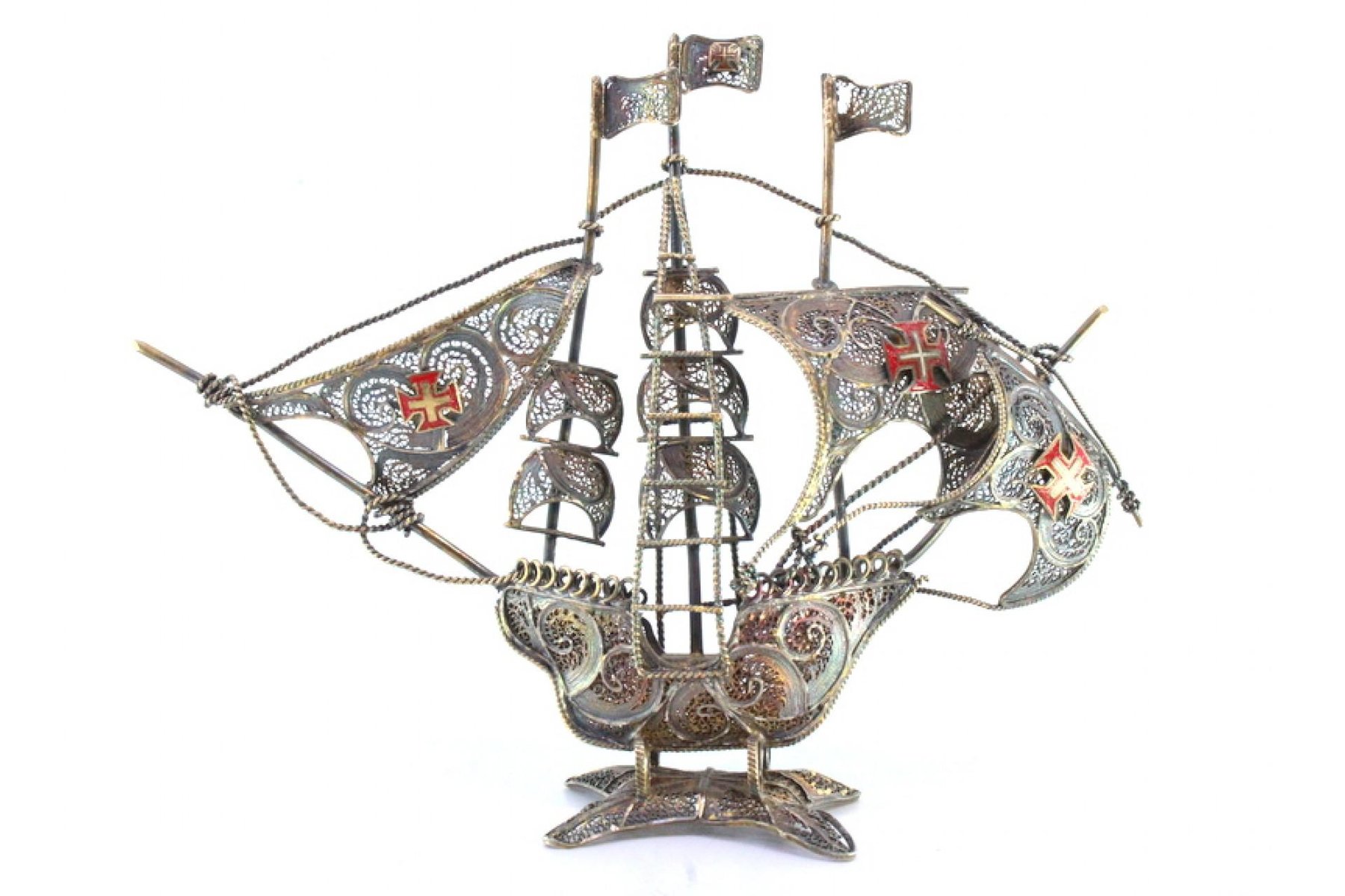 Silver Filigree Caravel with Flags and Maltese Crosses Sails in Relief ...