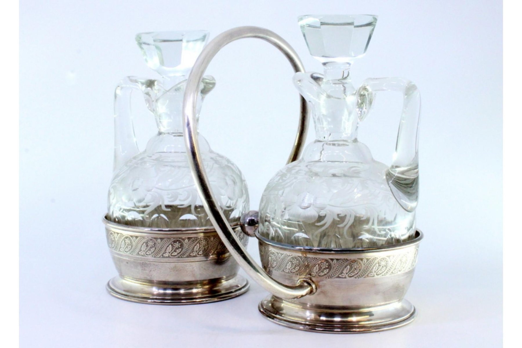 Cruet Set with Silver Structure with Two Acid-Etched Glass Cruets, Set ...