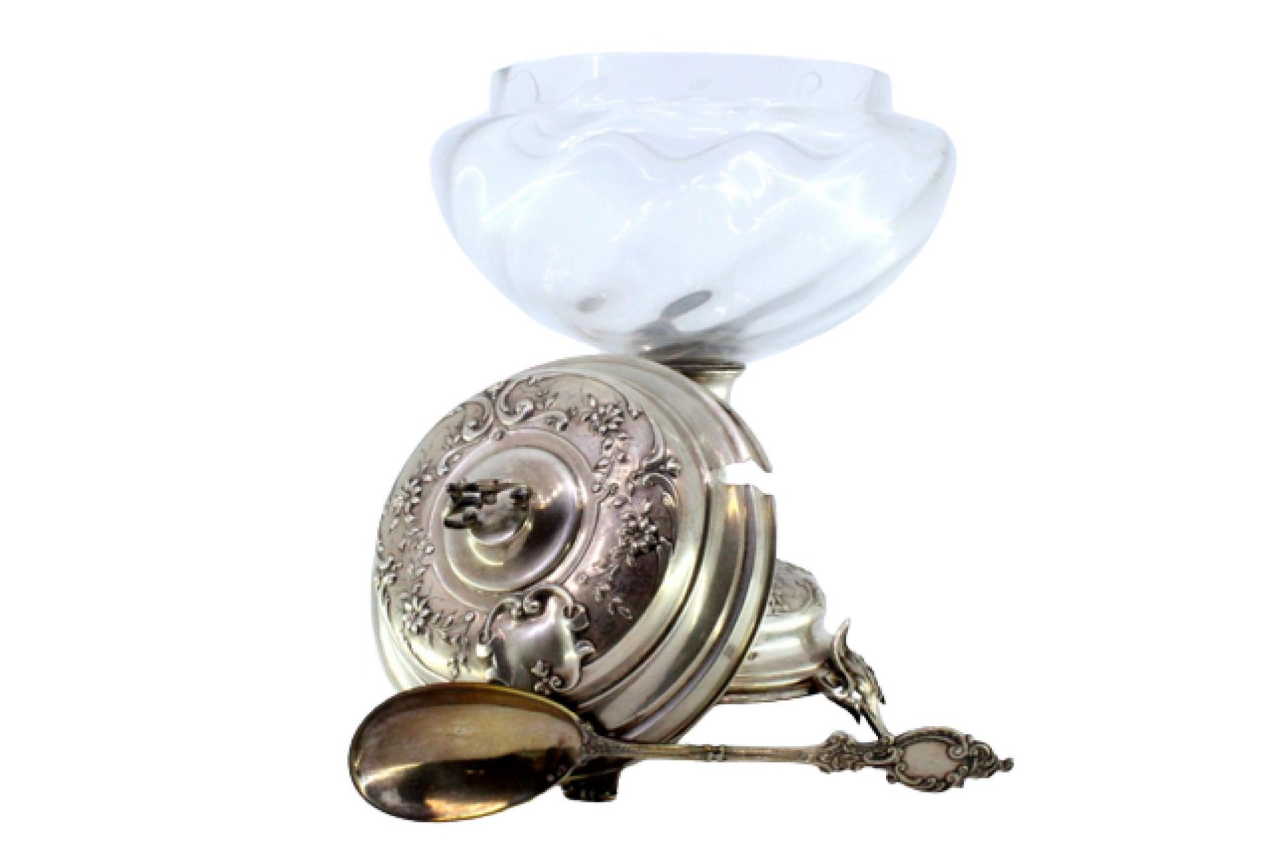 Silver and Wavy Glass Compote with Lid, Spoon and Cut-Out Feet for sale ...