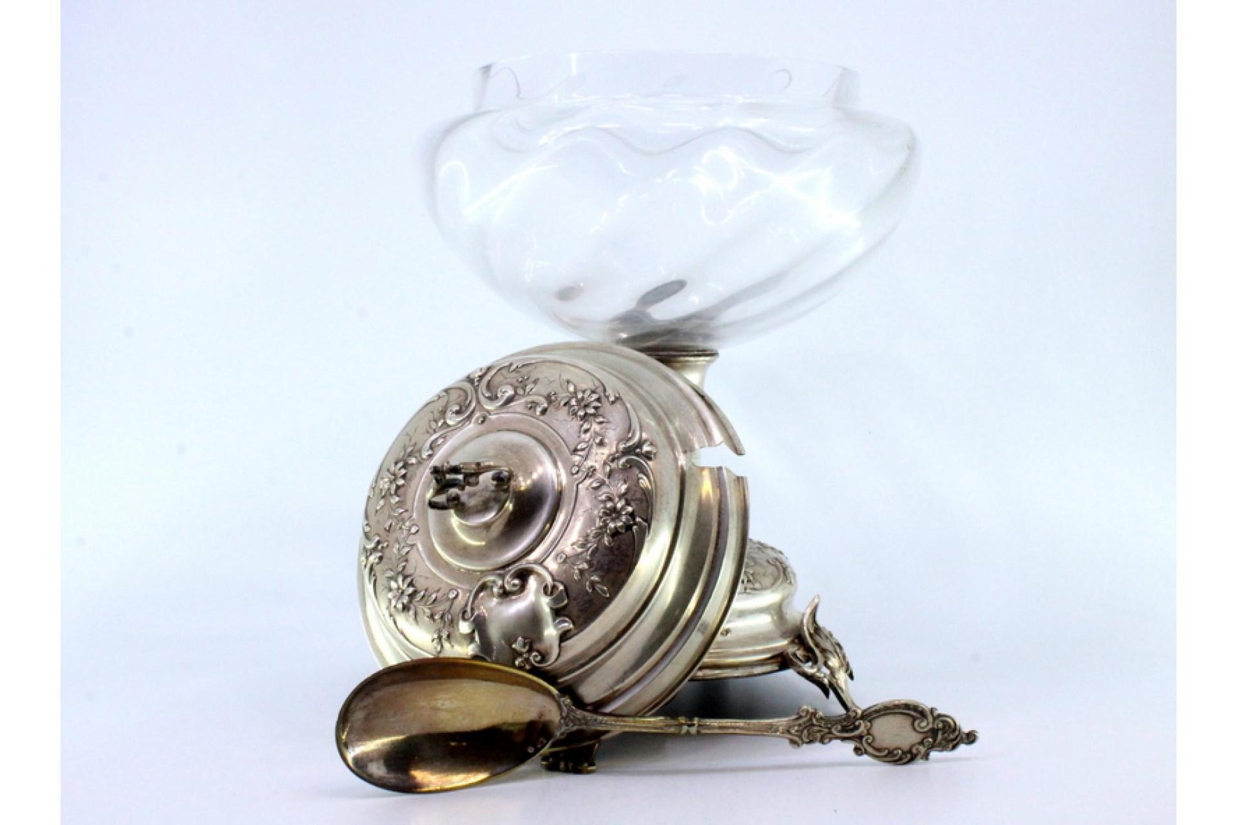 Silver and Wavy Glass Compote with Lid, Spoon and Cut-Out Feet for sale ...