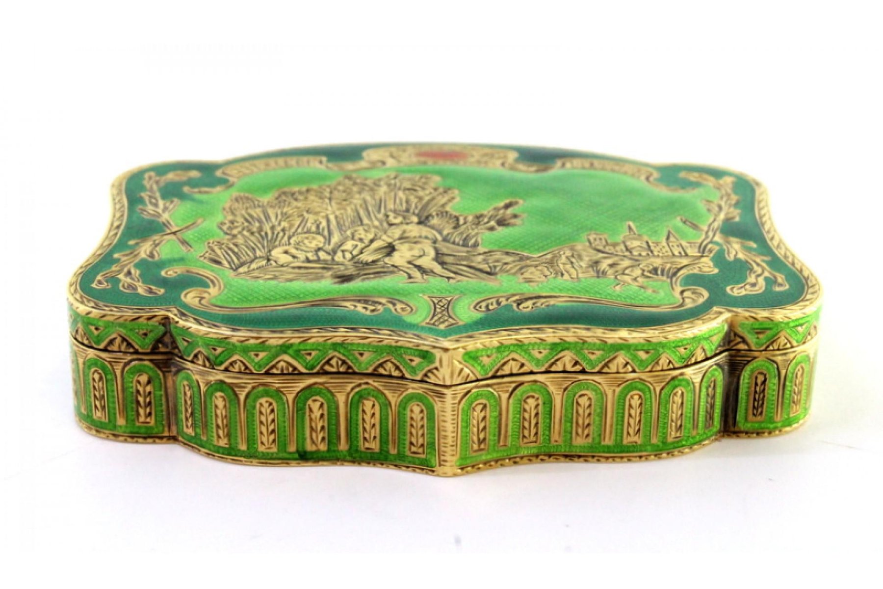 Snuff Box in Gold with Country Activities Engraved Enamel Panel, Floral ...