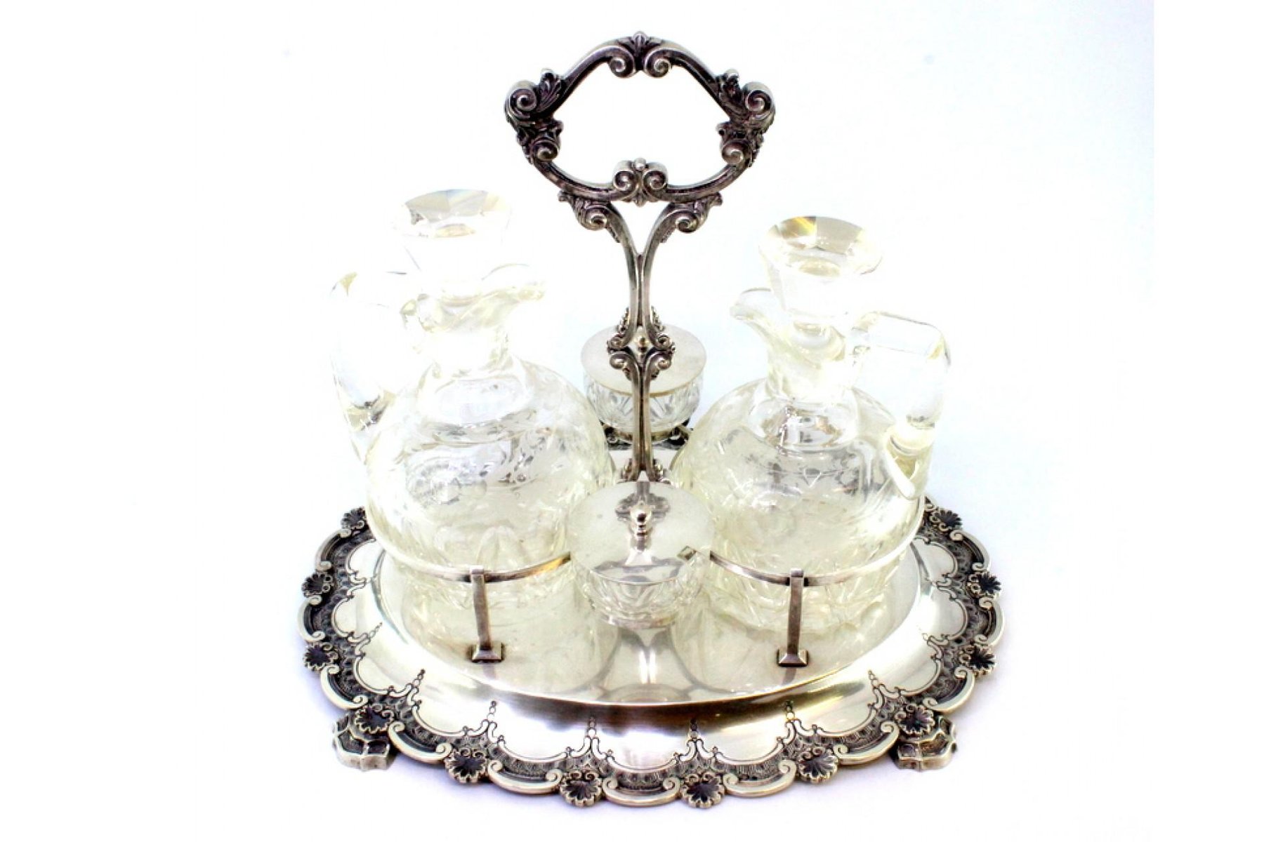 Cruet Set with Silver Structure and Cut Glass Cruets with Salt and ...