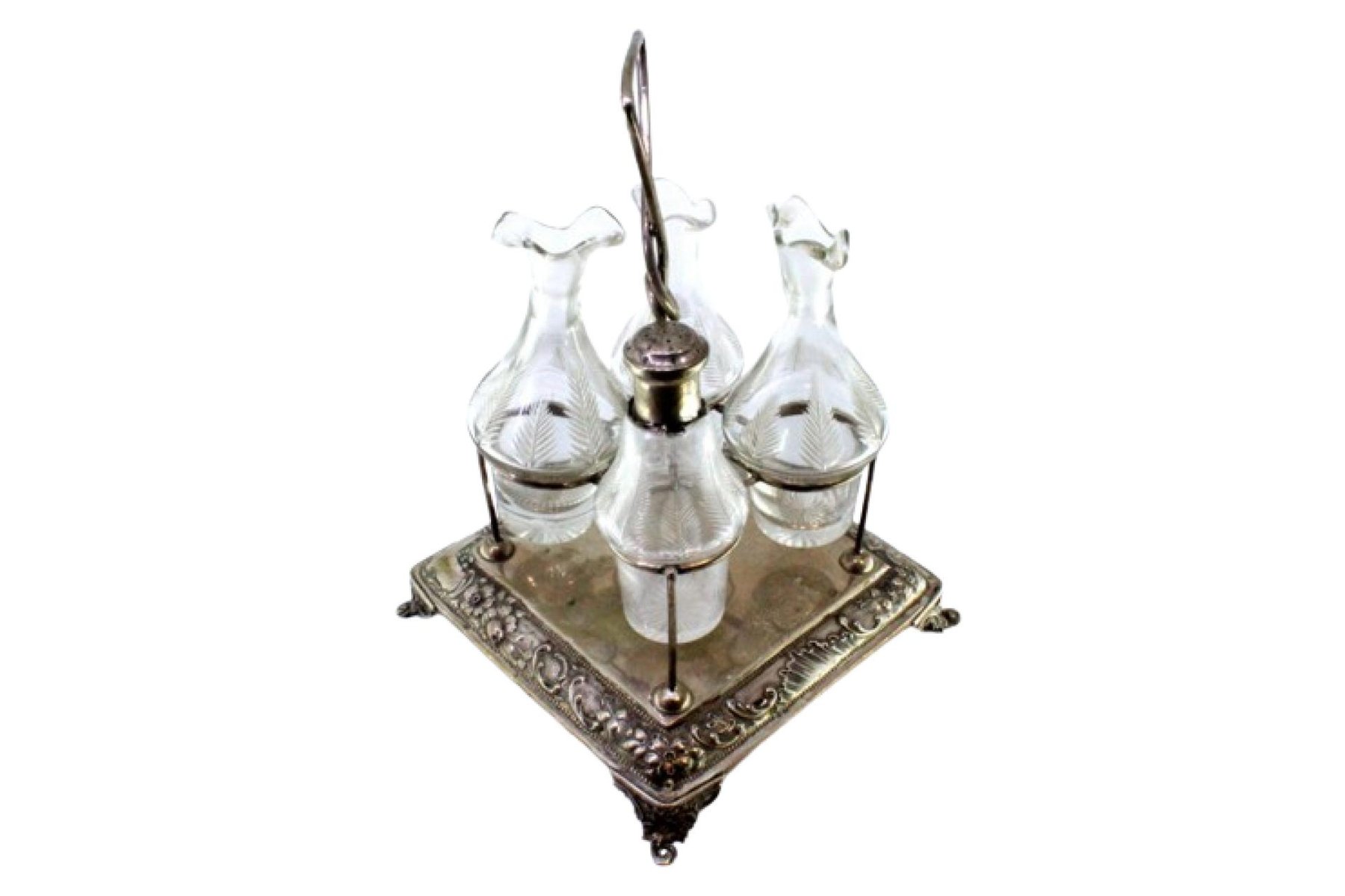 Cruet Set with Silver Structure and Acid-Etched Glass Cruets and Salt ...