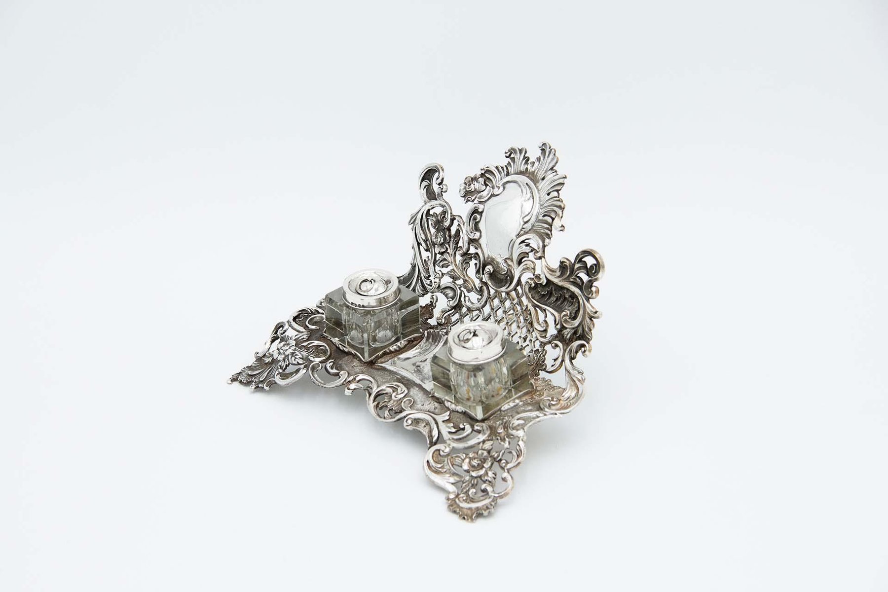 Embossed Silver Inkwell with Cutouts and Small Glass Tanks, Set of 3 ...