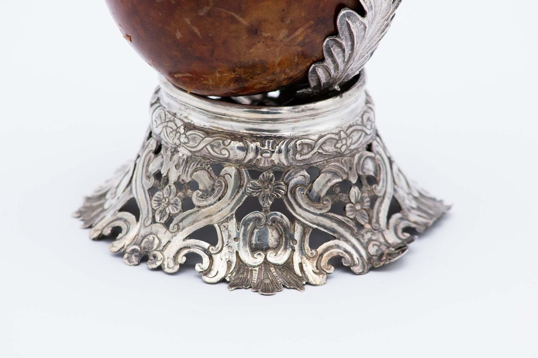 South American Coconut-Shaped Mate Gourd with Cut-Out Silver Stand for ...
