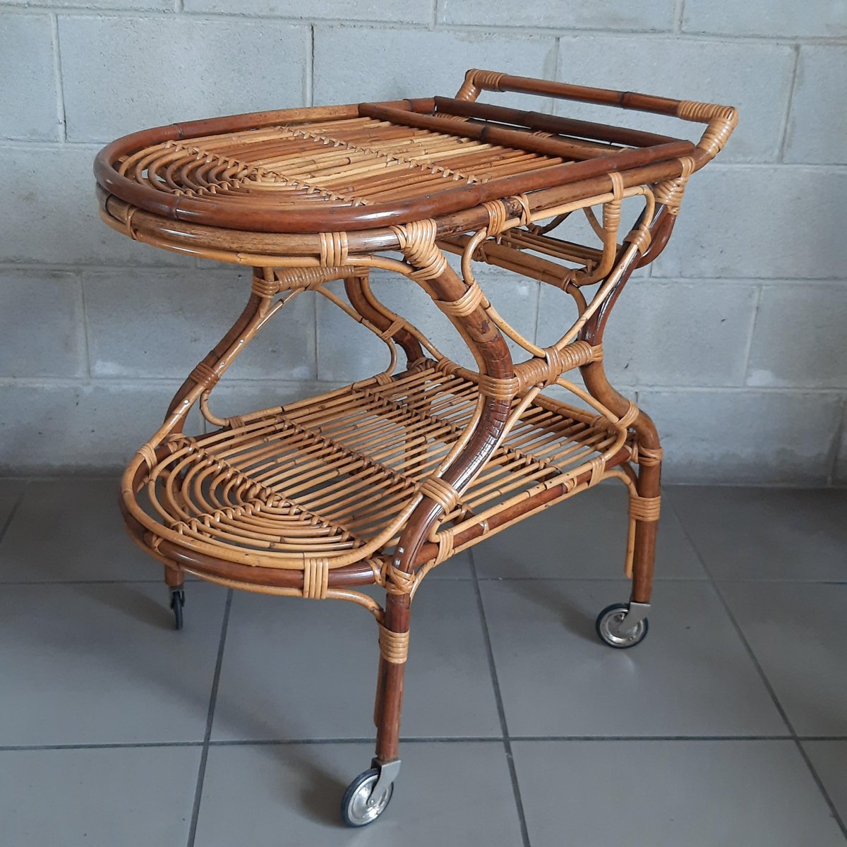 Rattan & Bambus Barwagen mit Rädern Design Italia Tropical Mid-Century ...