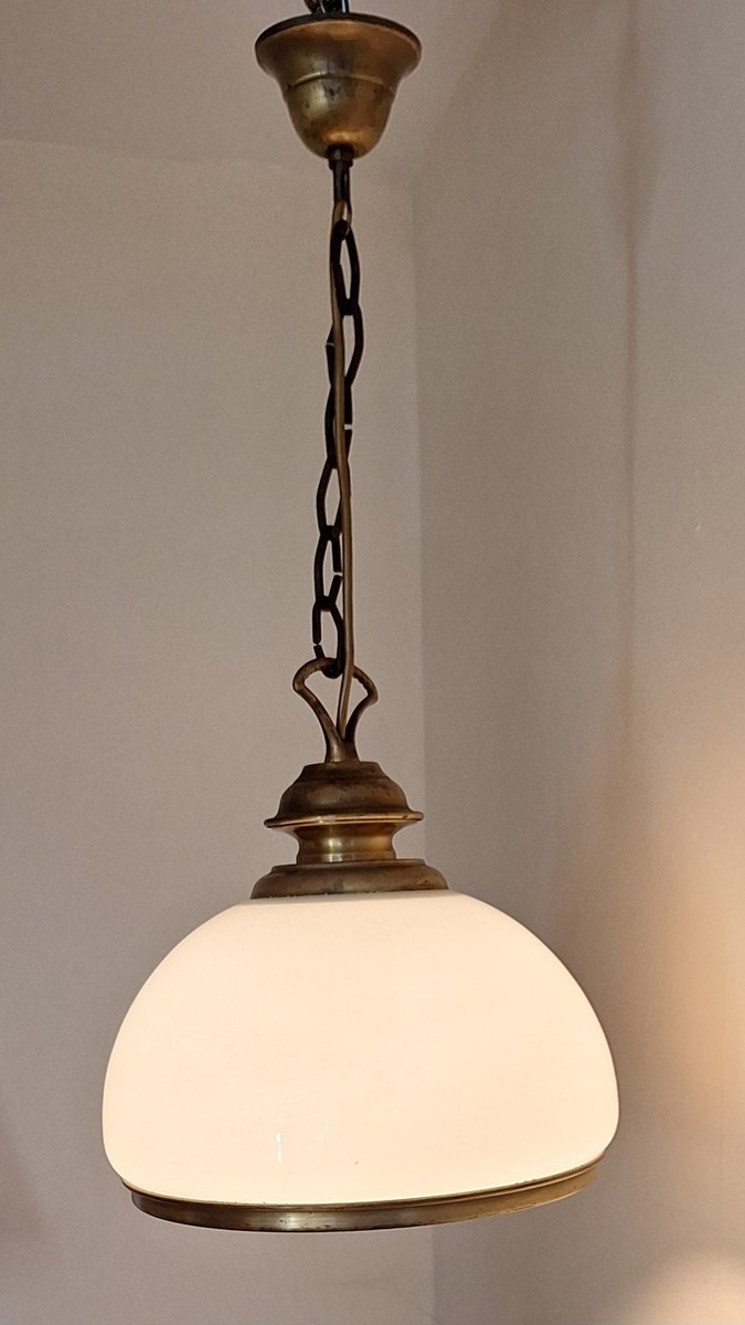 Vintage Rustic Ceiling Lamp with White Glass Shade on Brass Mount ...