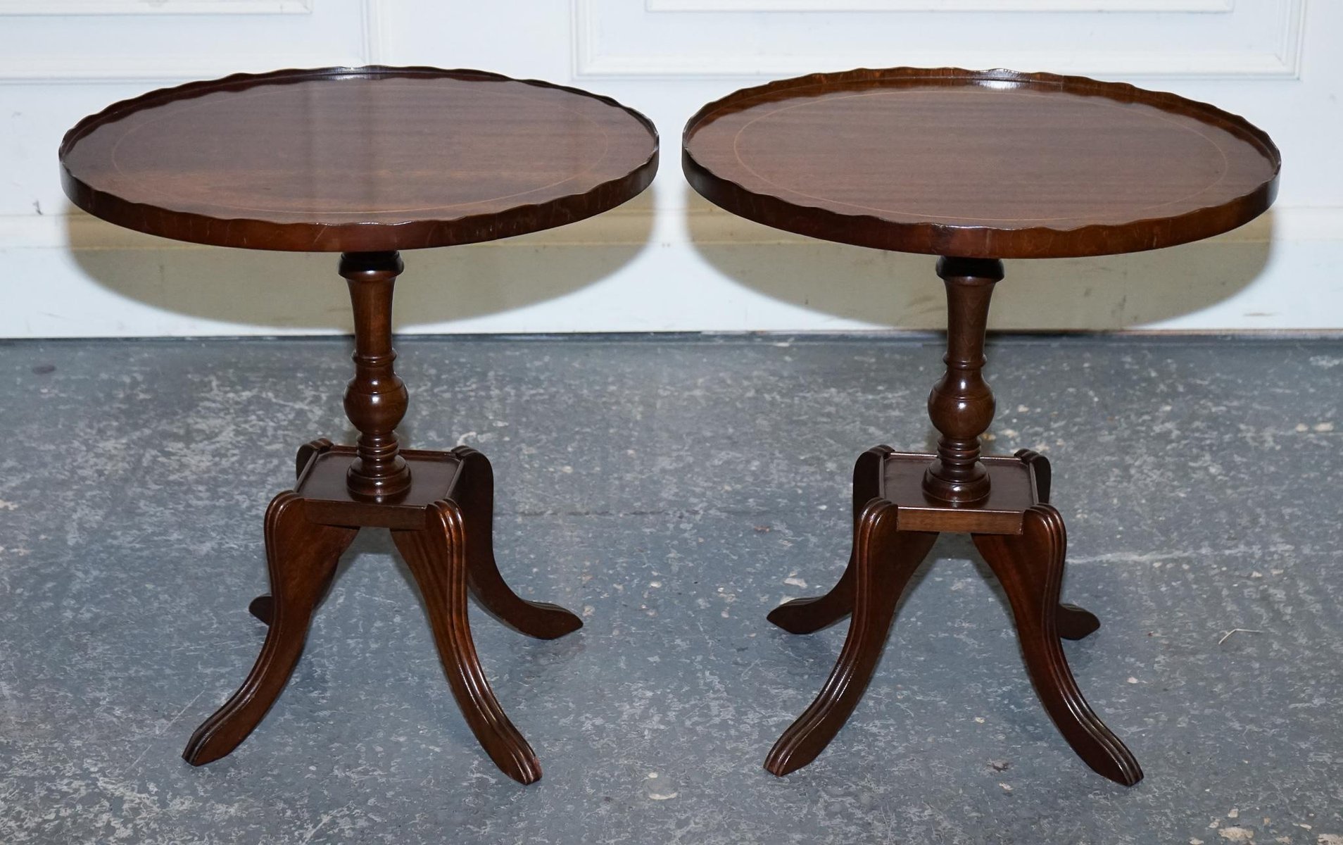 Vintage Hardwood Side Table with Gallery Rail Pie Crust Border, Set of ...