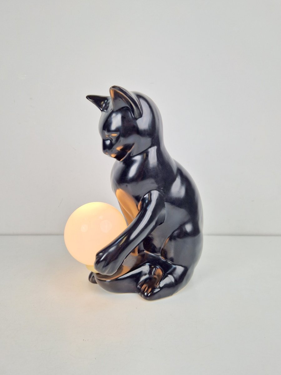 Vintage Mid-Century Cat Sphere Table Lamp in Ceramic and Opal Glass ...