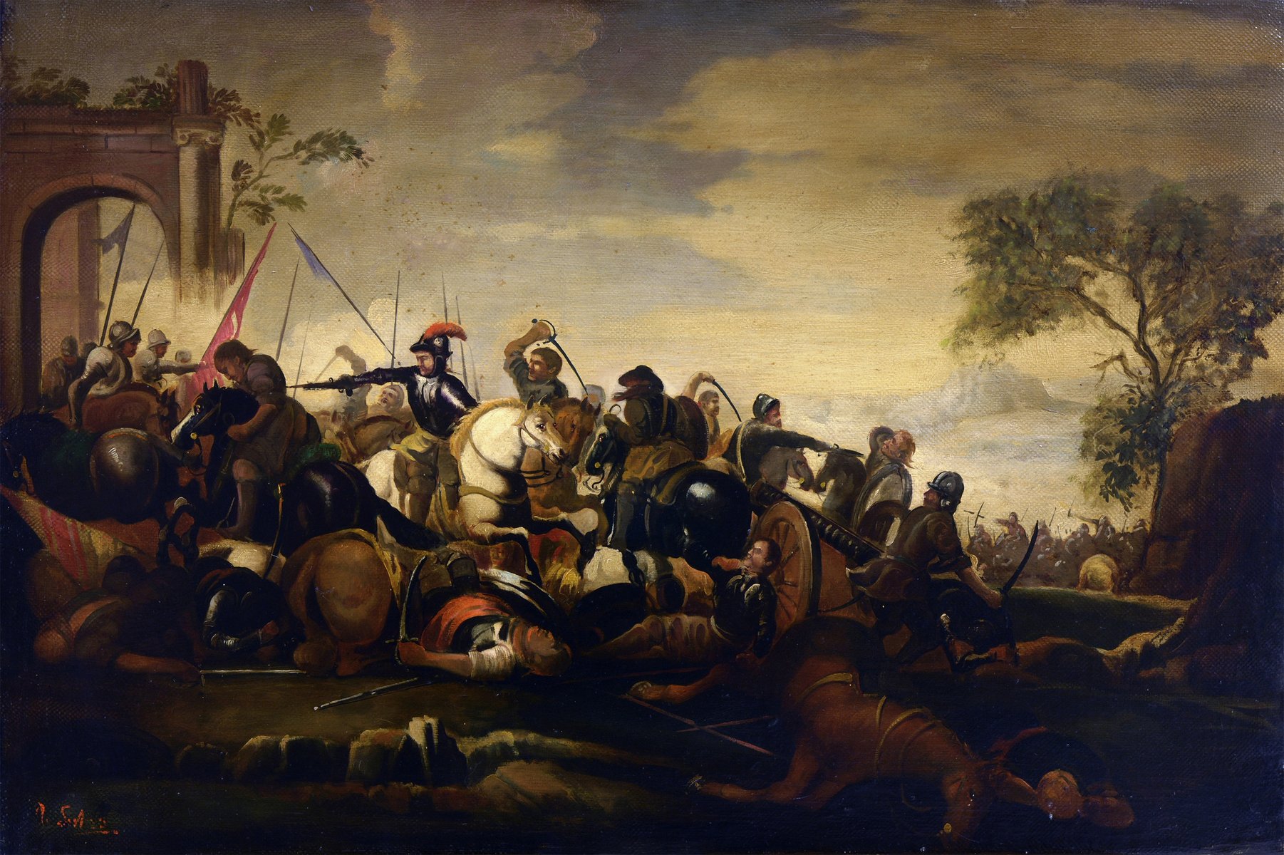 Antonio Savisio, Dramatic Land Battle, 1980s, Oil on Canvas, Framed for ...