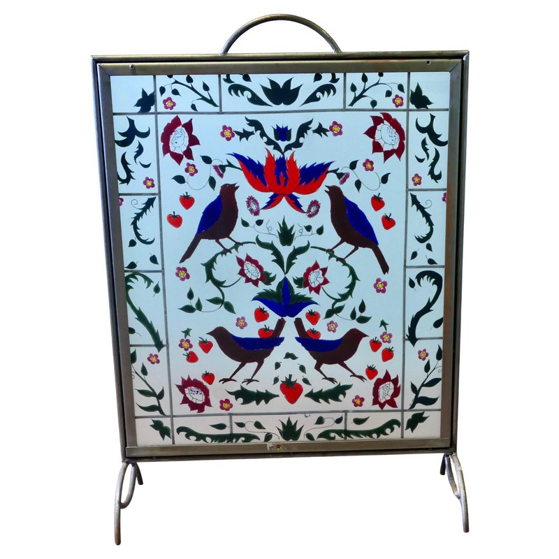 Art Nouveau Victorian Painted Glass Fire Screen, 1890 for sale at Pamono