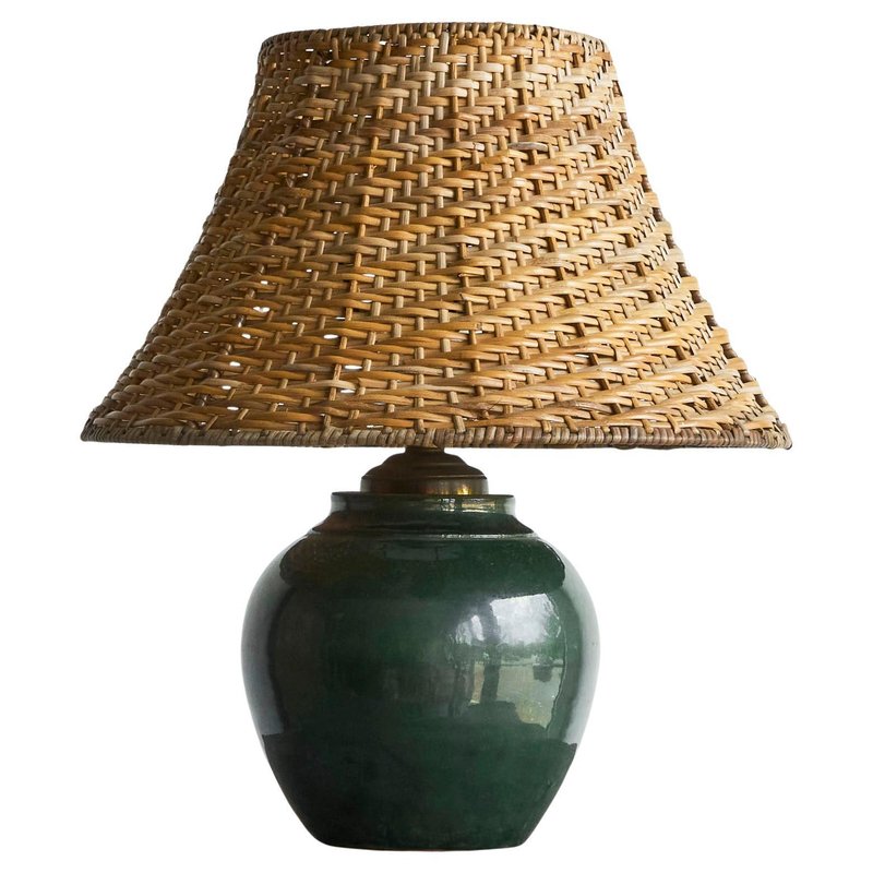Green Luster Glazed Studio Pottery Table Lamp with Rattan Shade, 1970s ...
