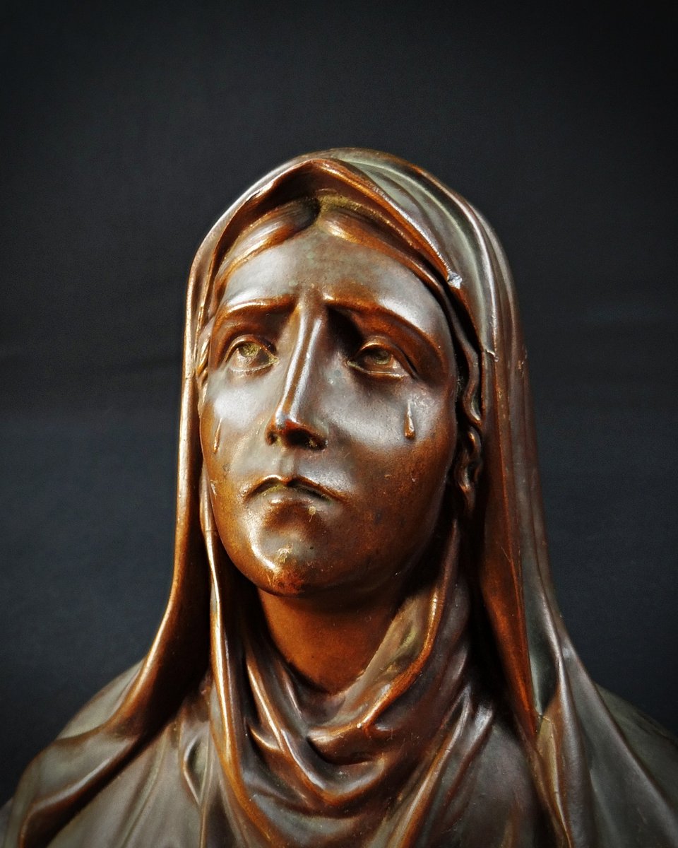 Art Deco Bust of the Tearful Virgin Mary in Spelter on Marble by Oscar ...