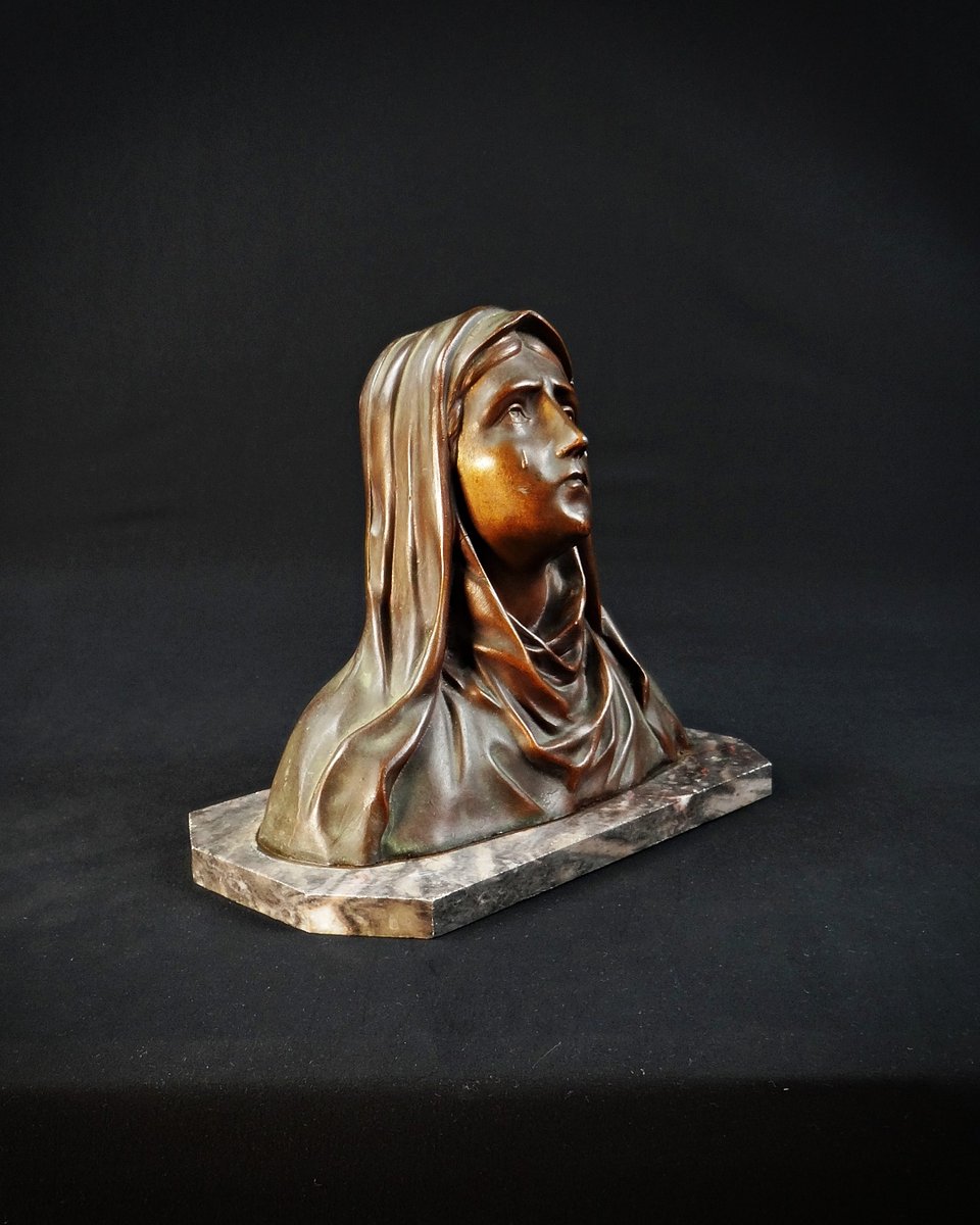 Art Deco Bust of the Tearful Virgin Mary in Spelter on Marble by Oscar ...