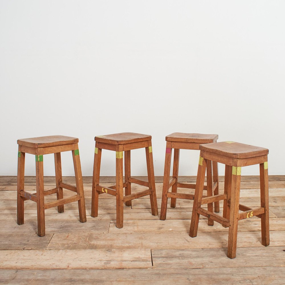 Mid-Century Wooden School Lab Stool for sale at Pamono