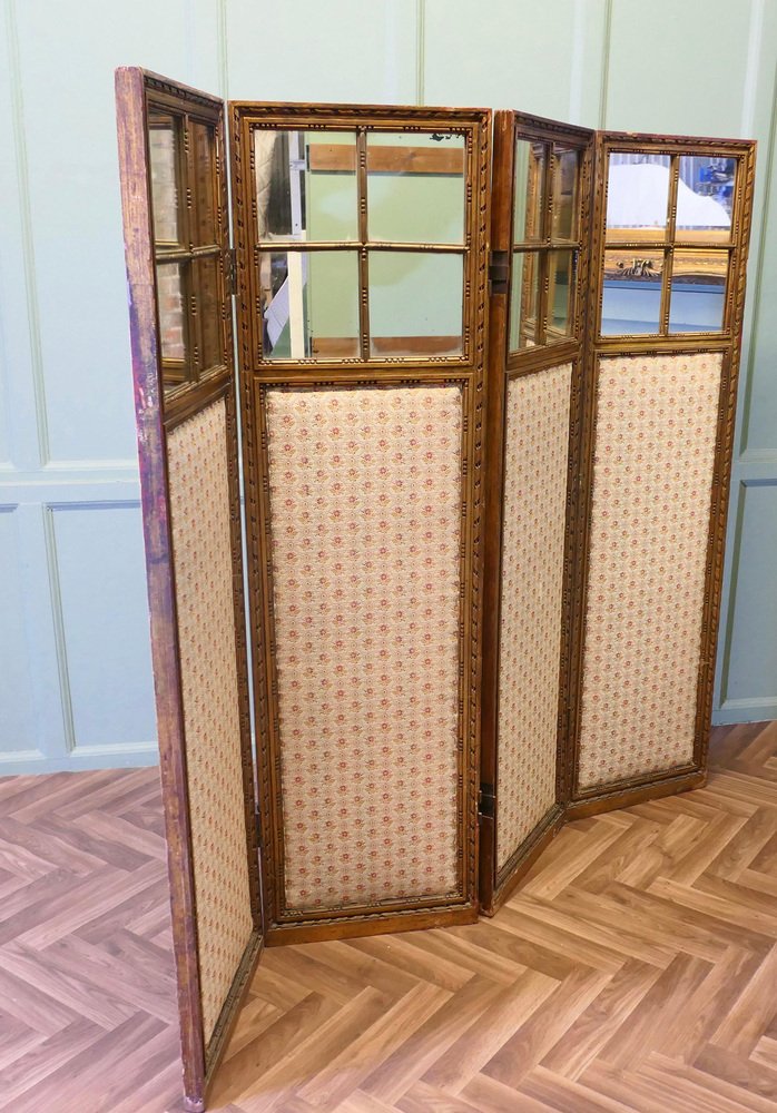 French Four Fold Screen with Gilt Mirror for sale at Pamono