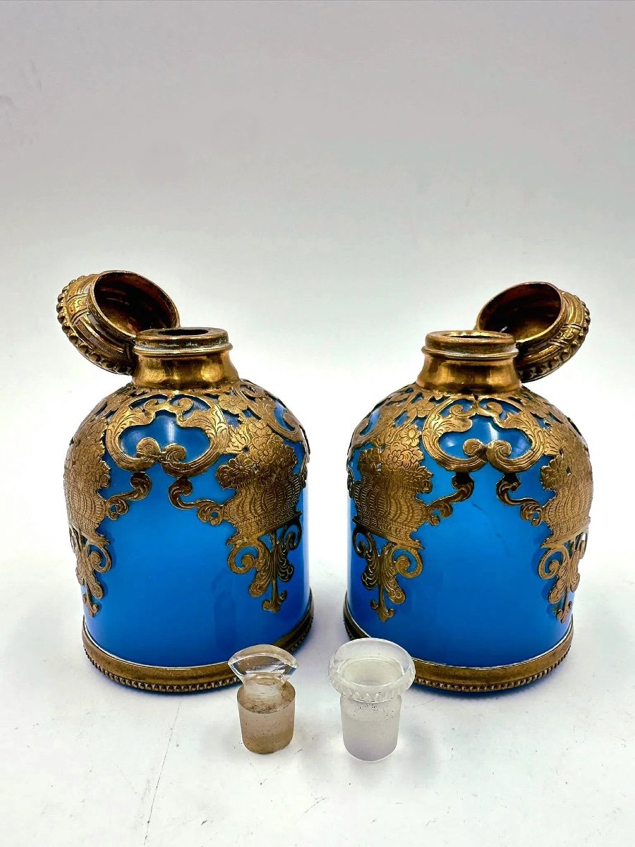 French Turquoise Opaline Perfume Bottles with Watercolor Miniatures ...