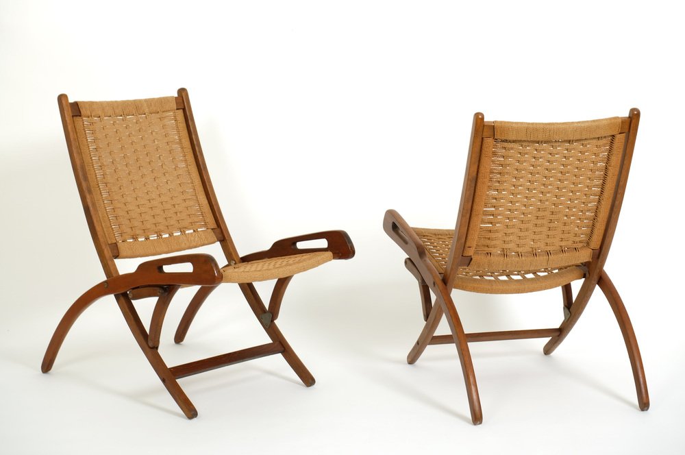 Mid-Century Modern Wooden and Paper Cord Folding Chairs, Former ...