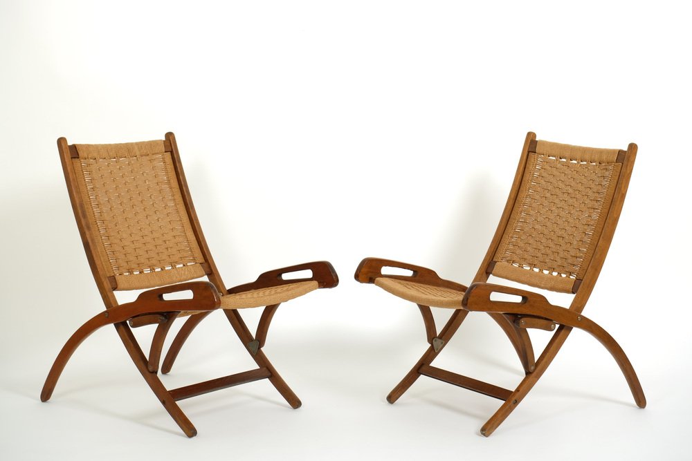 Mid-Century Modern Wooden and Paper Cord Folding Chairs, Former ...
