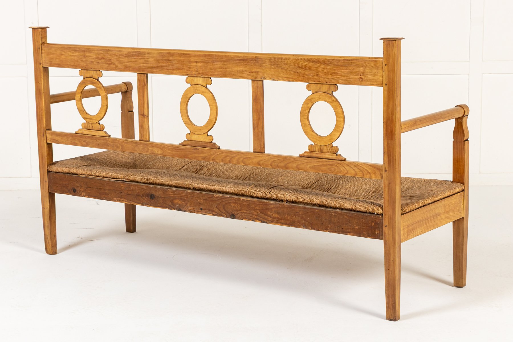Antique Italian Cherrywood Rush Seat Bench, 1800s for sale at Pamono