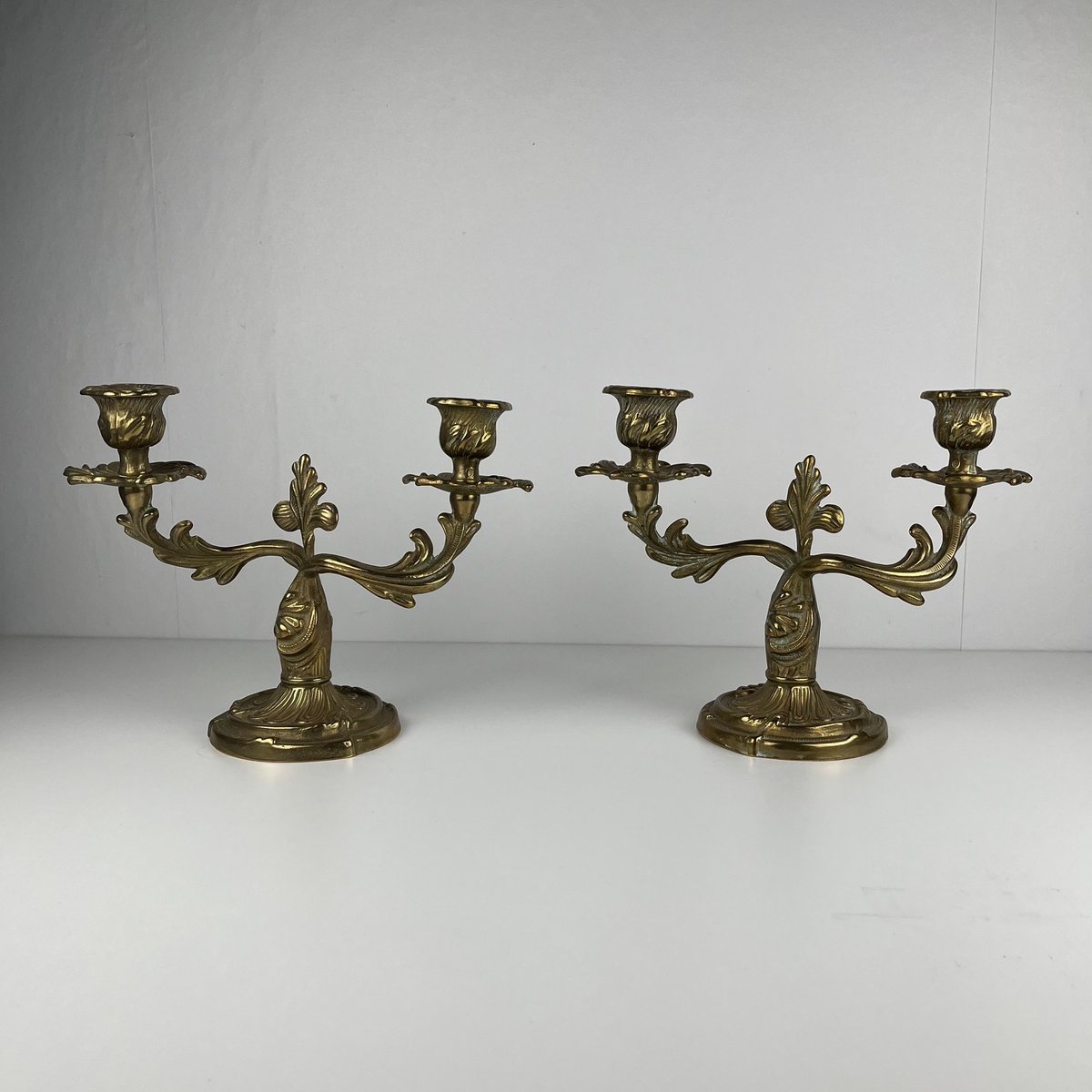 Gilt Brass Candlesticks with Two Arms, 1920s, Set of 2 for sale at Pamono