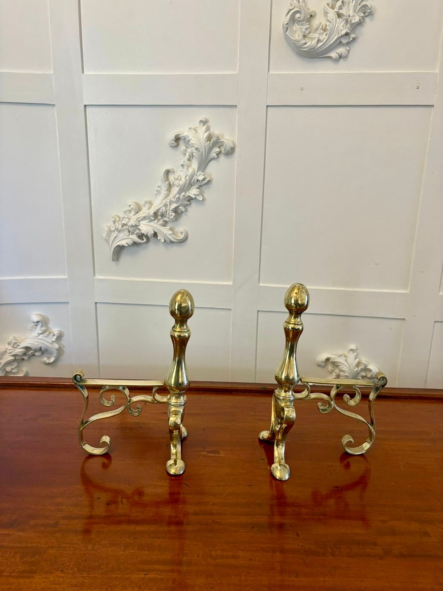 Antique Victorian Brass Fire Dogs, 1860s, Set of 2 for sale at Pamono