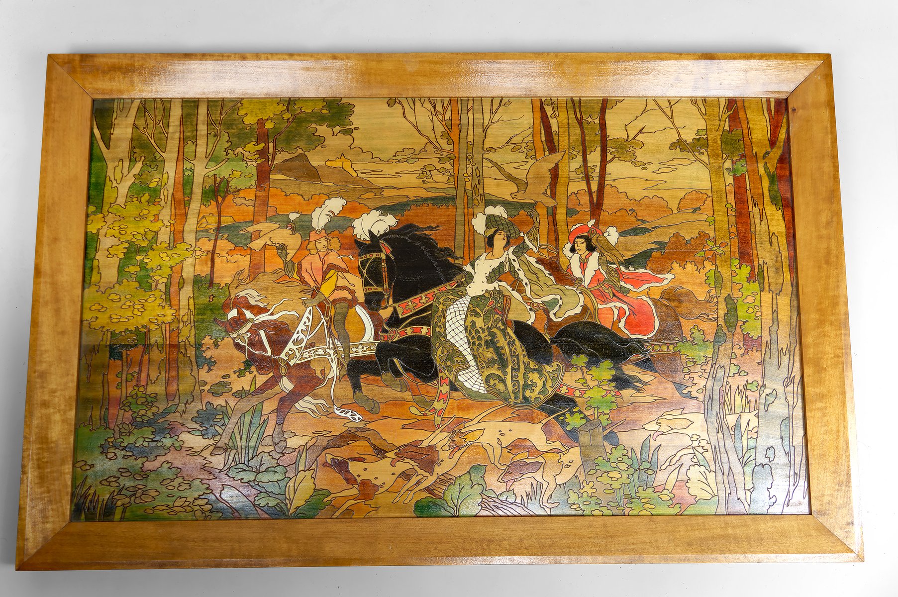 French Artist, Medieval Hunting Scene, 1900, Pyrograph for sale at Pamono