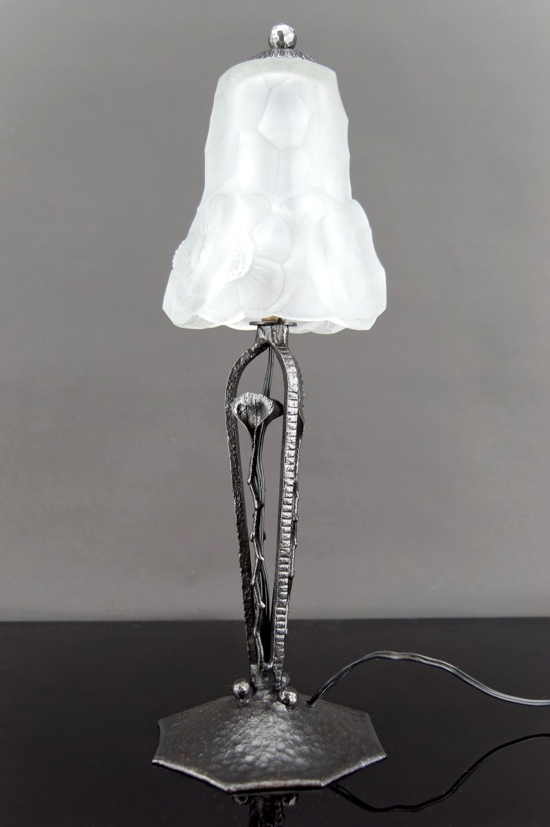 Art Deco Wrought Iron Lamp with Tulip Shade from Verrerie Dart Degué ...