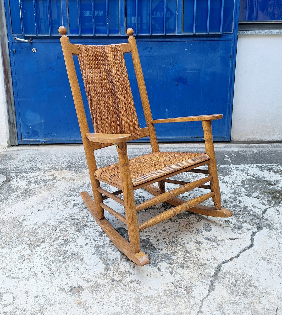 Vintage Rocking Chair in Oak and Rattan, 1960s for sale at Pamono