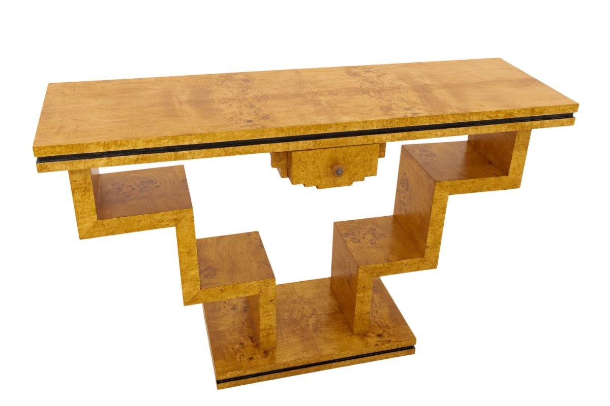 Geometric Walnut Burl Console Table, 1950s for sale at Pamono