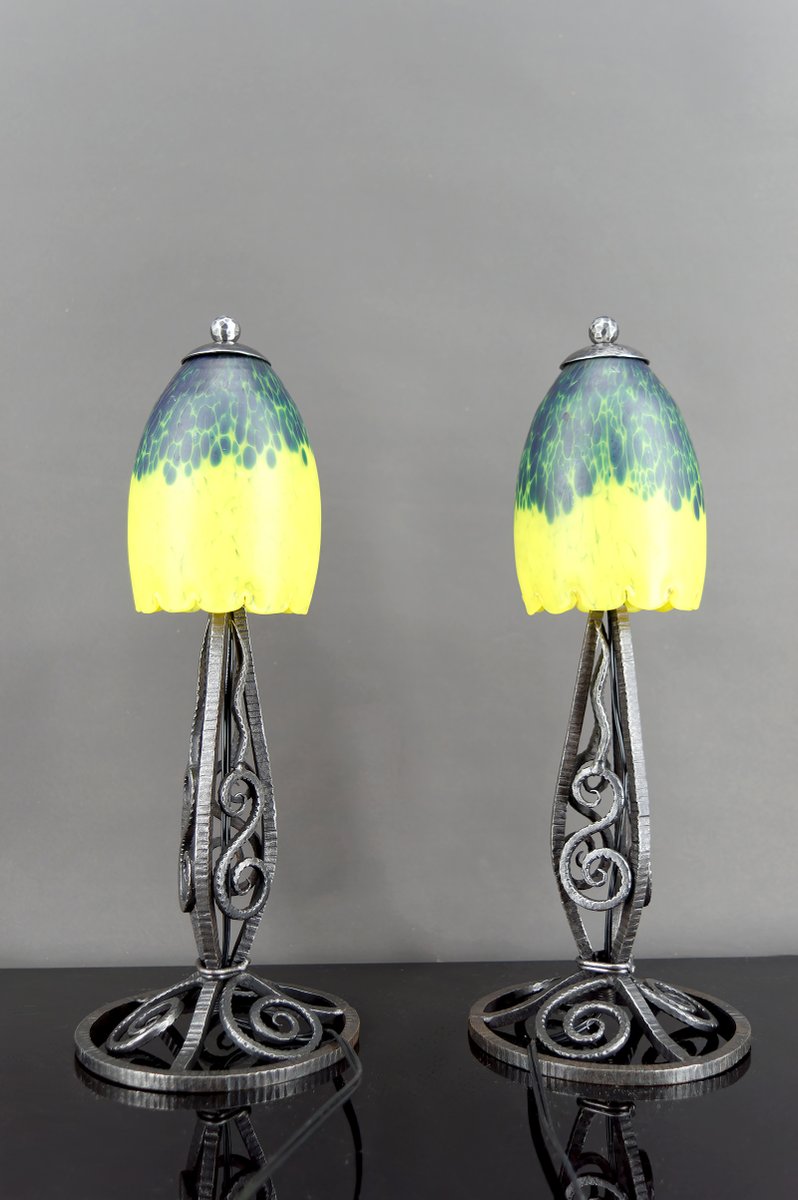 Art Deco Yellow-Green Blown Glass and Wrought Iron Tulip Lamps, France ...