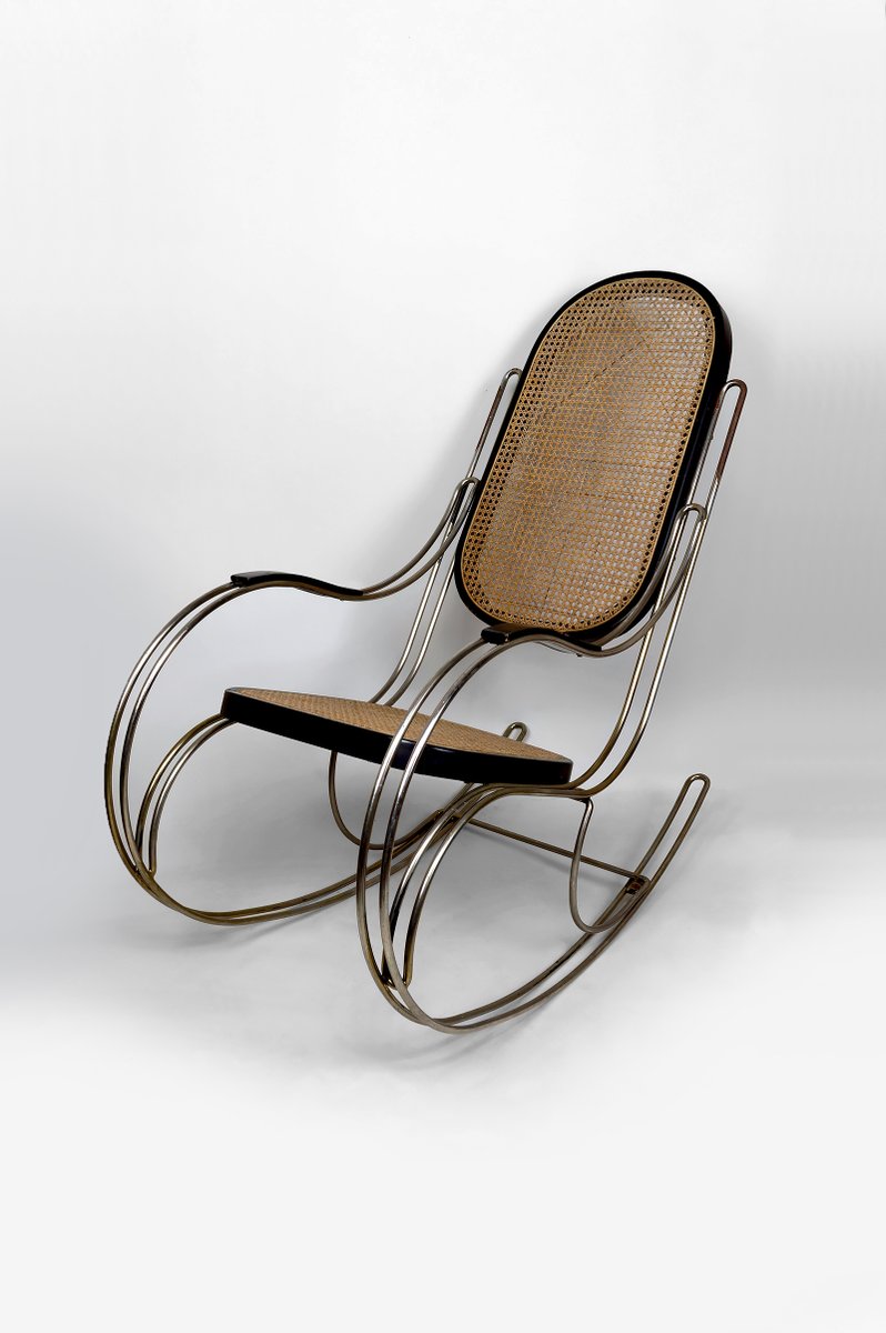 Modernist Rocking Chair in Blackened Wood and Canework with Chrome ...