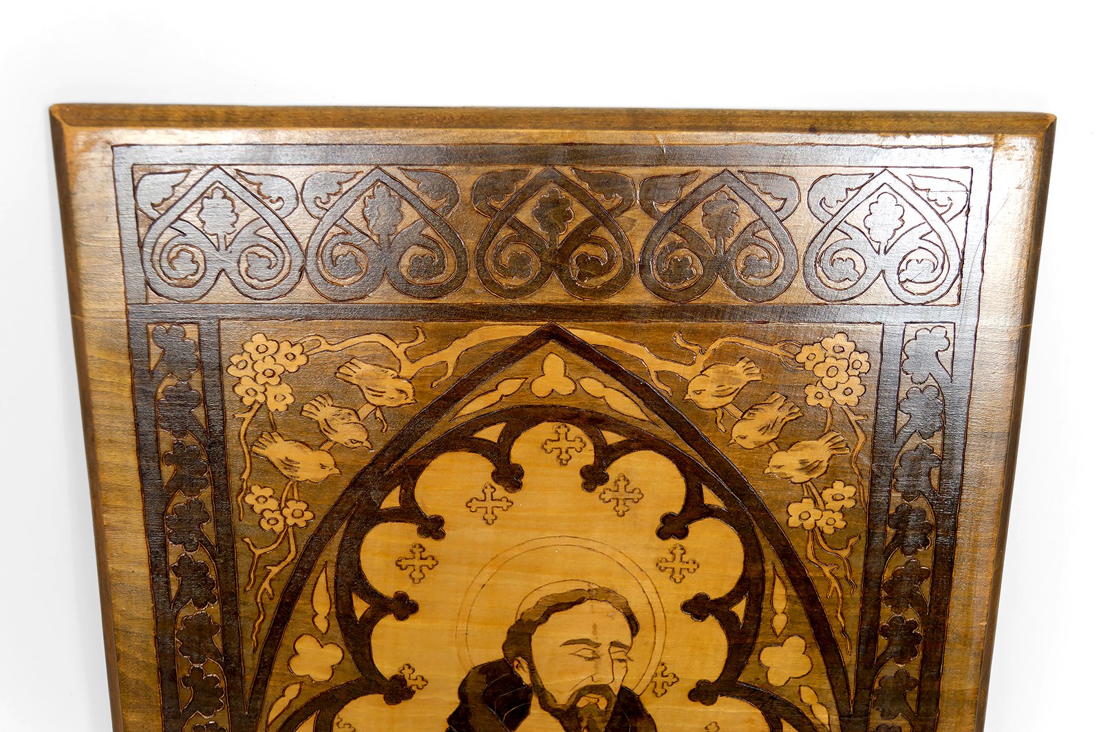 Pannello pirografico Art Nouveau con tema religioso di San Francesco ...