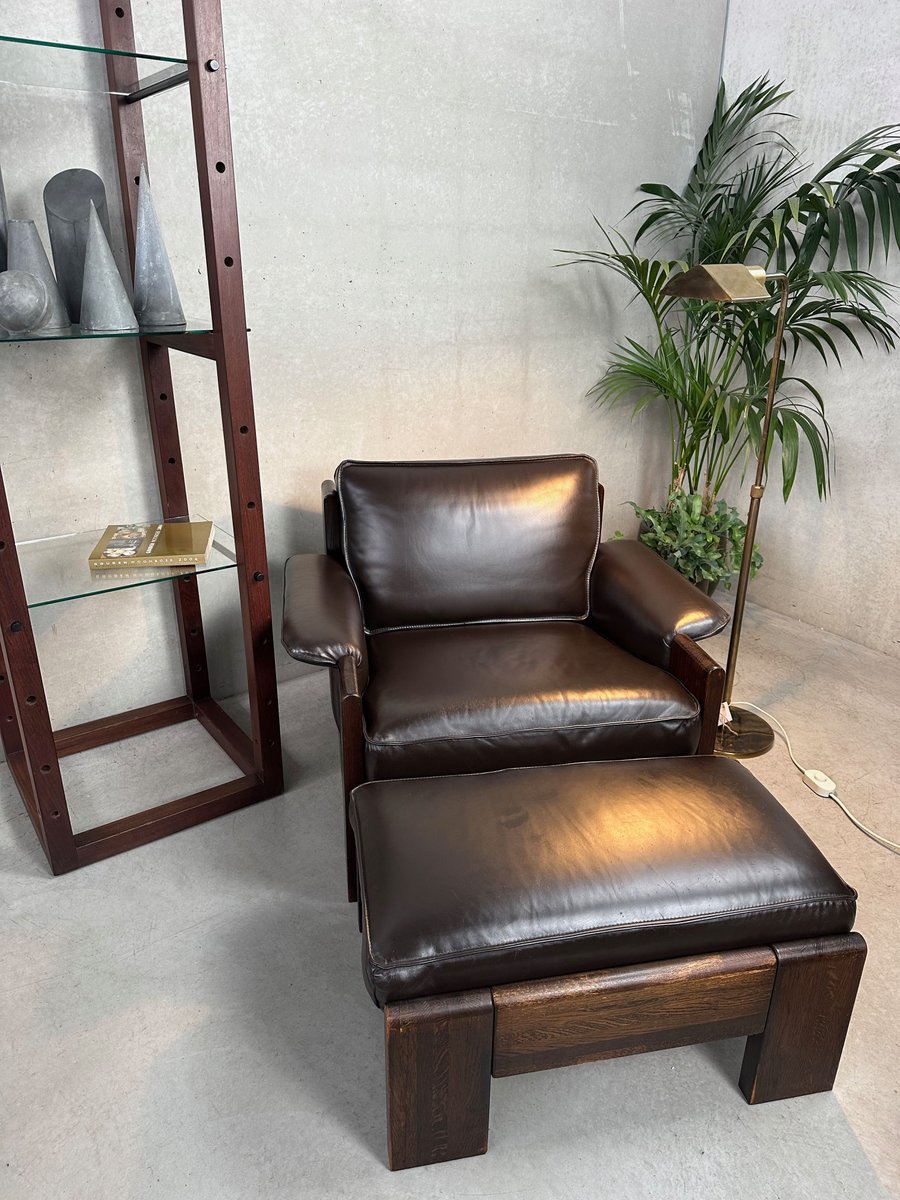 Set of Lounge Chair and Ottoman in Brown Leather and Oak by Harry de ...