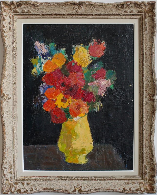 Anna Costa, Bouquet in Yellow Vase, 1960s, Oil on Board for sale at Pamono