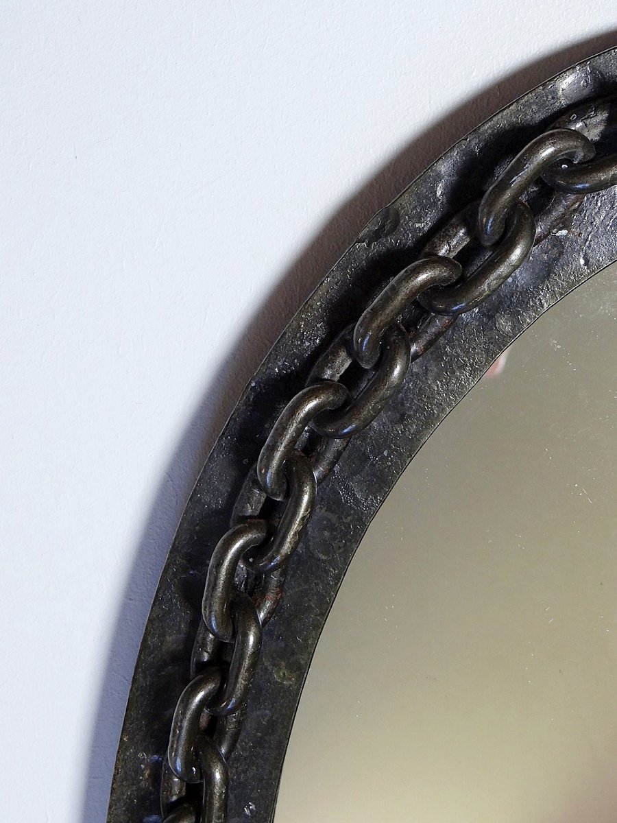 Vintage Oval Wall Mirror in Wrought Iron with Beaten Brutalist Chain ...