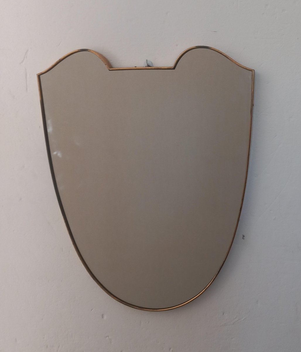 Shield-Shaped Mirror with Brass Frame, 1950s for sale at Pamono