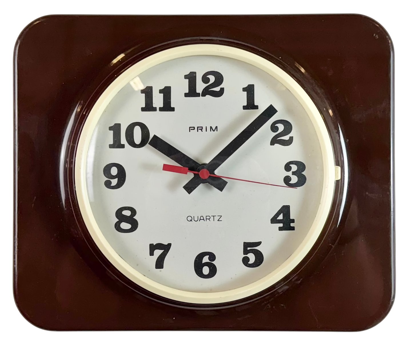 Vintage Brown Plastic Wall Clock from Prim, 1970s for sale at Pamono